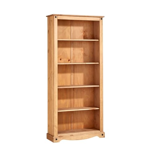 Home Source Corona Large Bookcase, 5 Tier Pine Book Shelves, Mexican Solid Wood Living Room ...