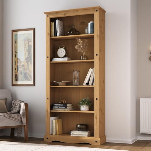 Corona Bookcase Tall Large 5 Book Shelves Mexican Pine Solid Wood by Amazon | ufurnish.com