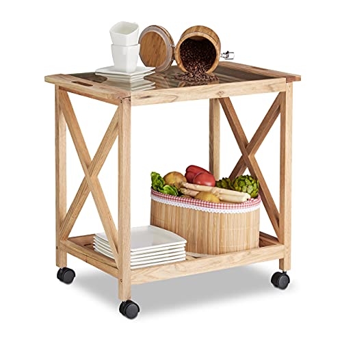 Relaxdays Wooden Kitchen Cart with Wheels, Serving Trolley with Glass ...