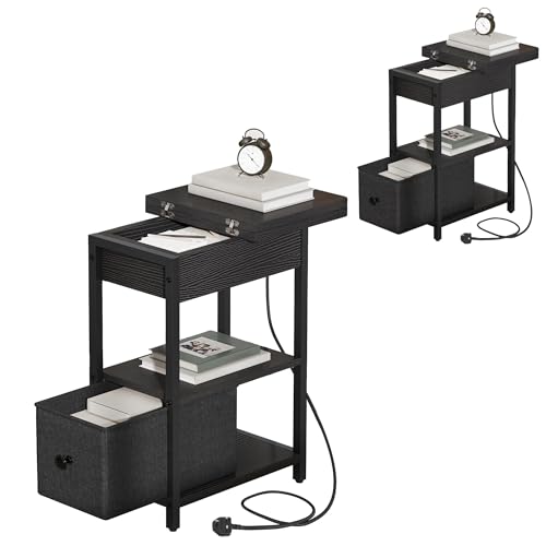 YITAHOME Set of 2 Narrow Side Tables with Charging Station and LED ...