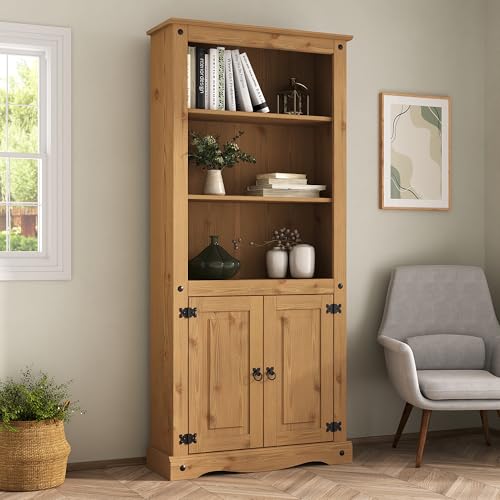 Corona 2 Door Bookcase Display Cabinet 3 Tier Solid Mexican Pine by Amazon | ufurnish.com
