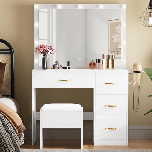 YITAHOME Dressing Table,Vanity Table with LED Bulb Mirror,Bedroom ...