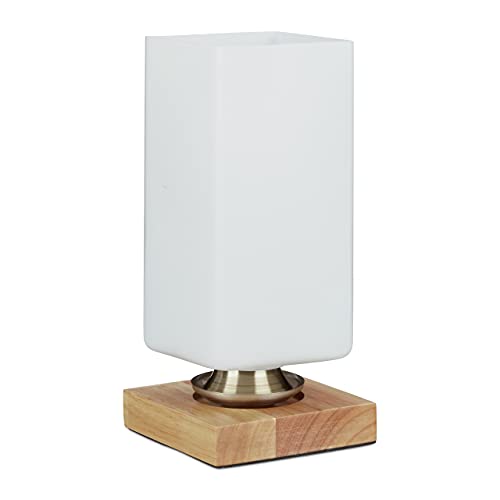 Relaxdays Table Lamp Opal Glass Cube Table lamp Mood Light, Glass Wood ...