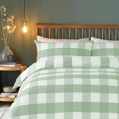 Fusion - Green Check Seersucker Duvet Cover - King Bedding Size (230 x ...