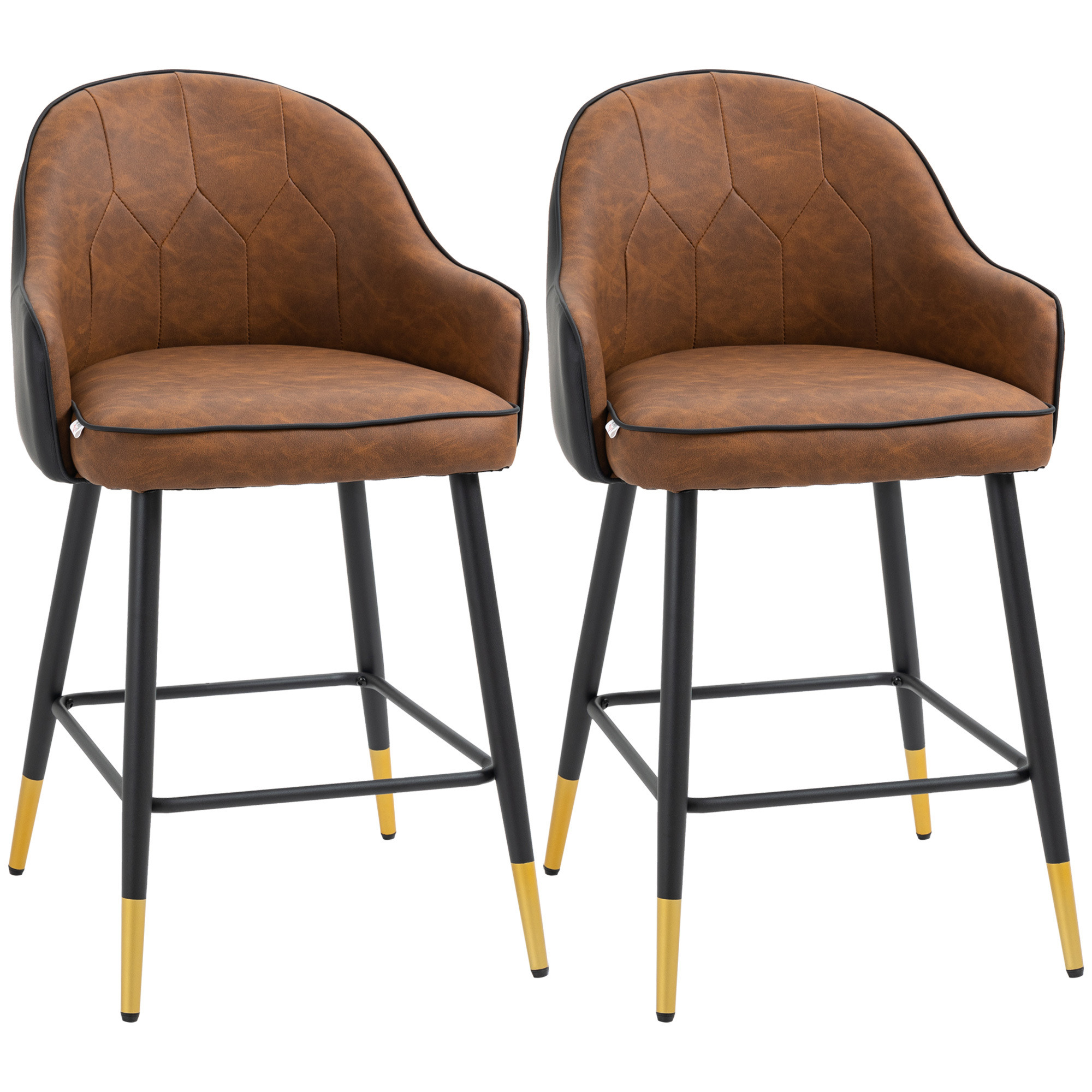 HOMCOM Modern Bar Stools Set of 2, Upholstered PU Leather Kitchen Stool ...