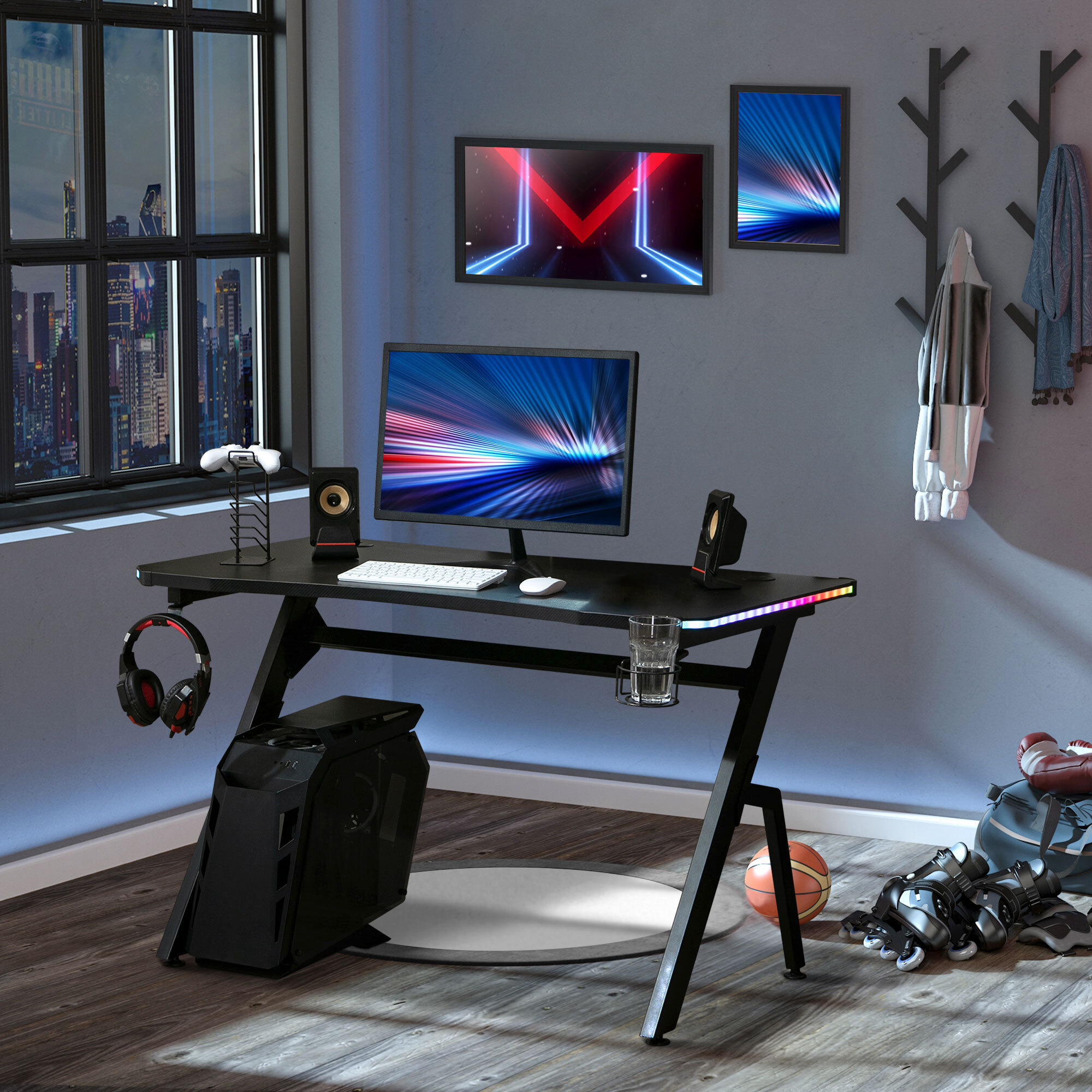 HOMCOM Gaming Desk Racing Style Home Office Ergonomic Computer Table ...