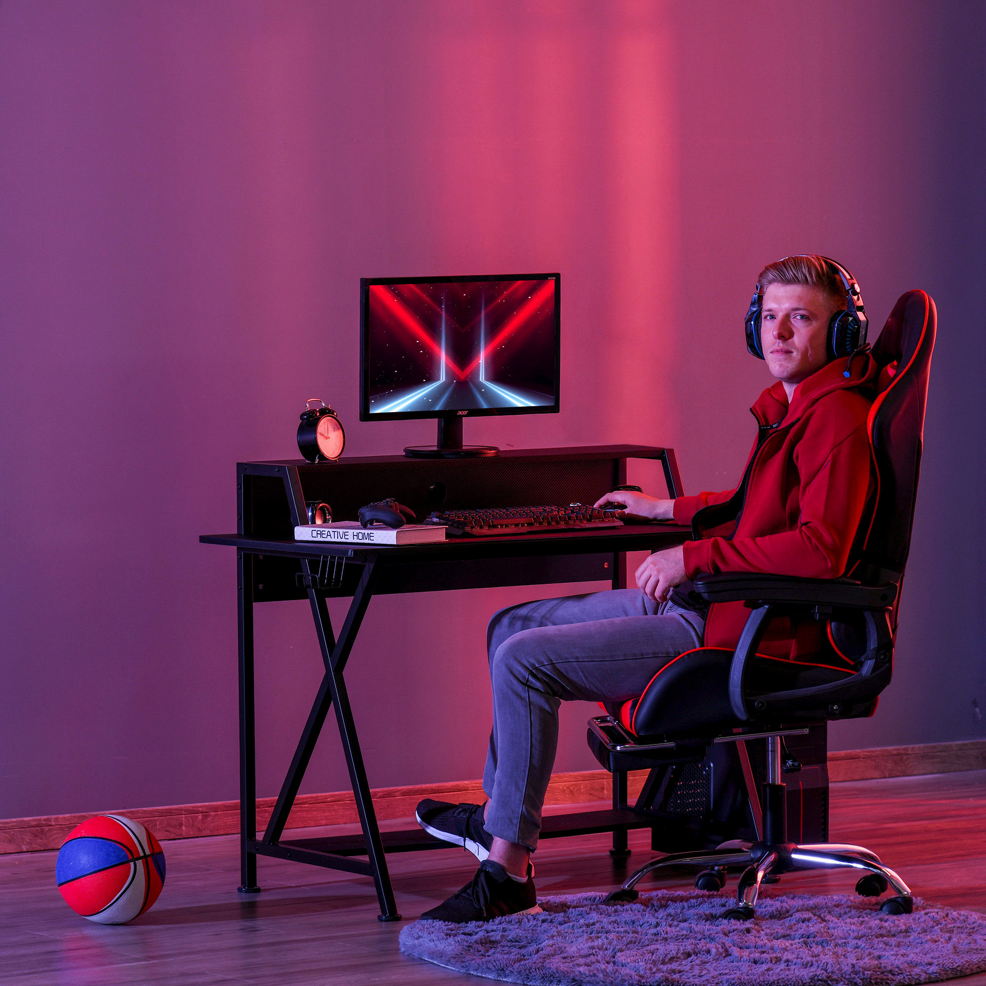 HOMCOM Racing Gaming Desk Carbon Fiber Style Computer Table with ...