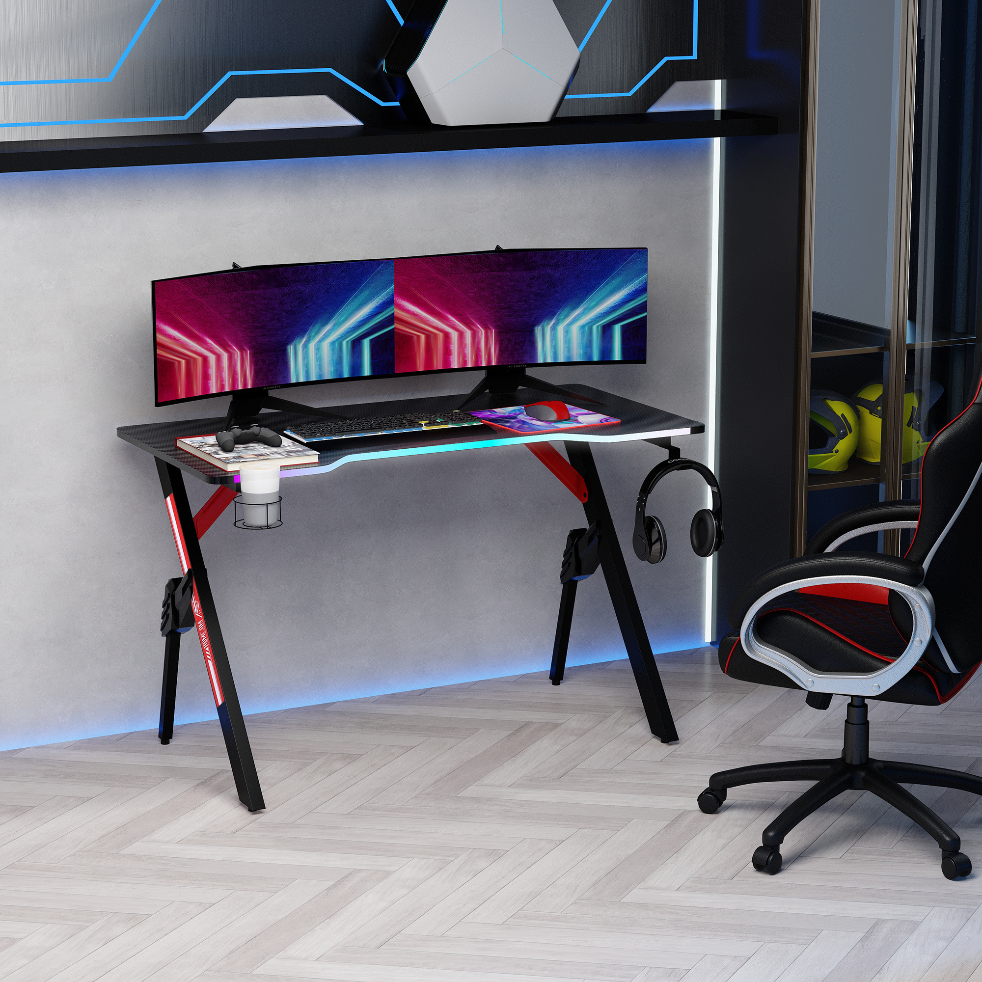 HOMCOM 1.2m Gaming Desk w/RGB Light Steel Frame Racing Style Computer ...