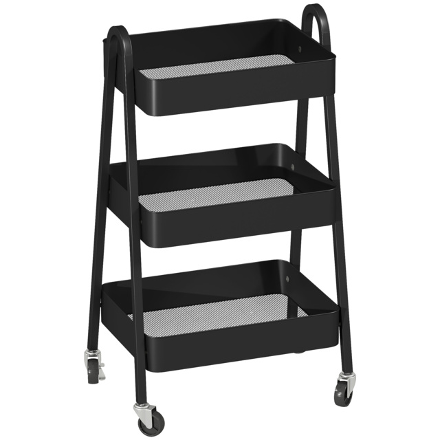 HOMCOM 3-Tier Storage Trolley on Wheels - Black by Aosom | ufurnish.com