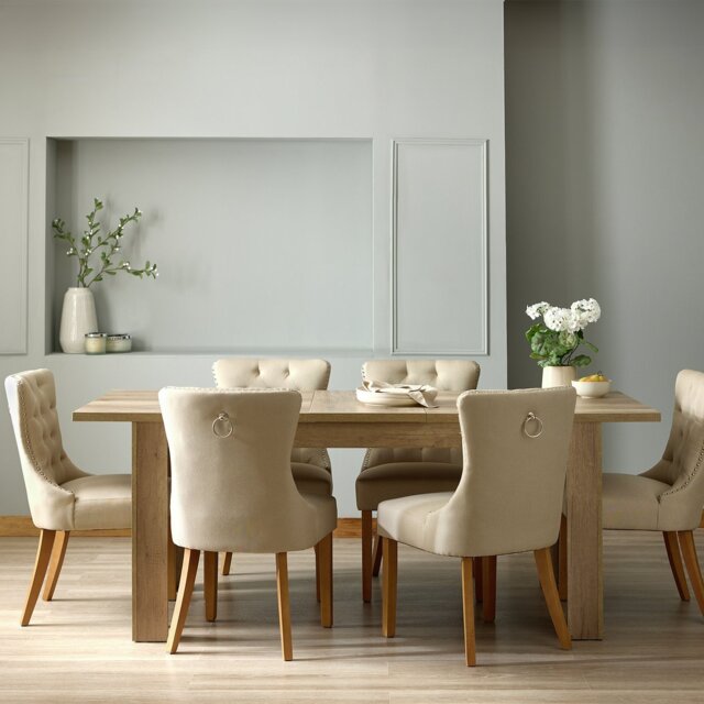 Argos Home Preston Ext Oak Dining Table And 6 Beige Chairs by Argos ...