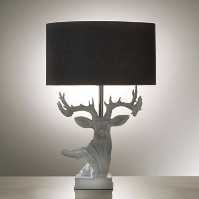 K Living White Resin Stag Table Lamp With Sculptured Antlers With Grey ...
