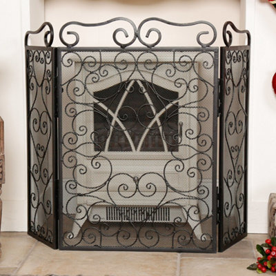 Dibor Vintage Style Ornate Scrolled Fire Guard Matte Black 3 Folding ...