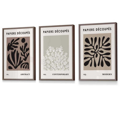 Artze Wall Art Set Of 3 Matisse Style Floral Cut Out Brown & Black Wall ...