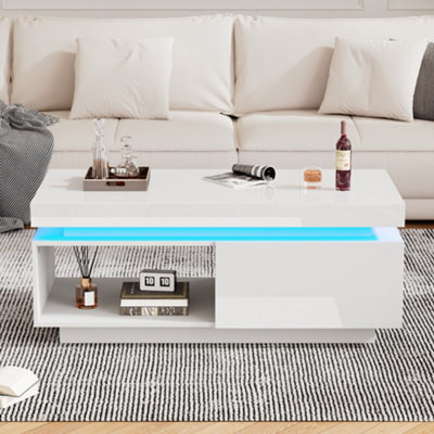 Abrihome White High-Gloss Led Coffee Table With Rgb Lights, Drawer ...