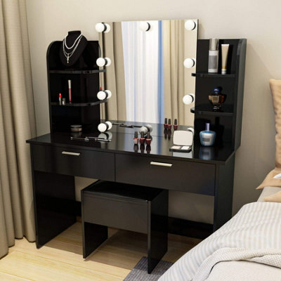 Home Source Julia Black Dressing Table With Stool And Led Lights Mirror ...