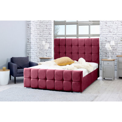 Capri Plush Bed Frame With Cubed Headboard - Maroon by B&Q | ufurnish.com