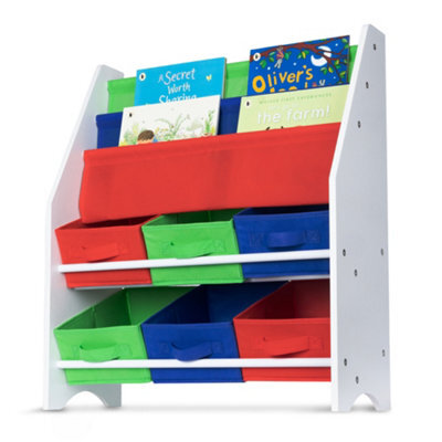 Livivo 3-Tier Children Sling Bookcase With 6 Plastic Storage Tubs ...