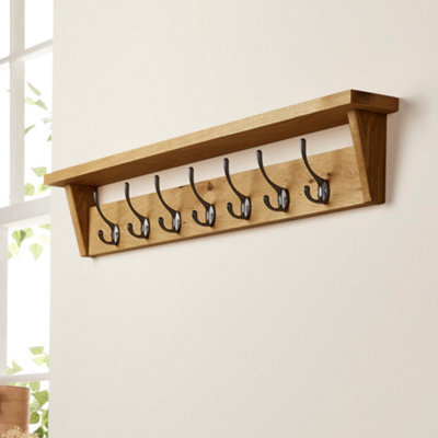 Off The Grain Solid Oak Coat Rack With Shelf - Walnut Finish 7 Hooks by ...