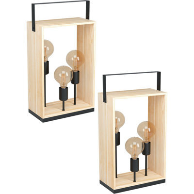 Elegant 2 Pack Table Lamp Set - Black And Natural Steel & Wood Design ...