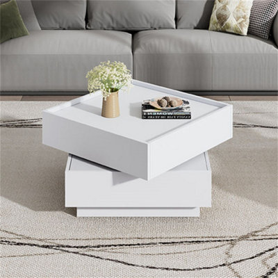 Abrihome Square Rotating Coffee Table With 2 Drawers, Wooden 2-Tier ...