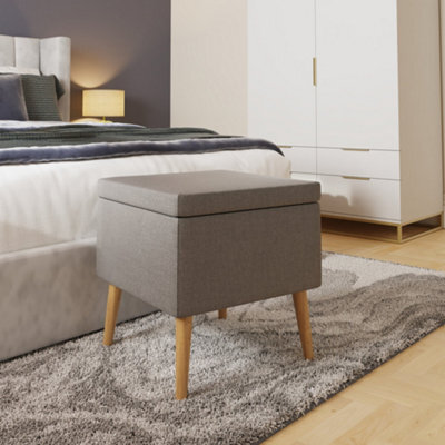 FWSTYLE Grey Linen Ottoman Footstool Storage Seat With Solid Wooden ...