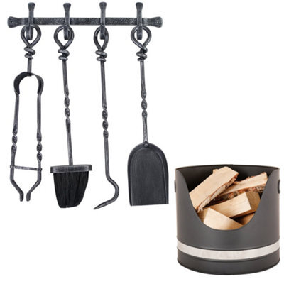 Dibor Cast Iron Wall Mounted Fireside Set With Black And Fireplace Nickel Log Storage, Coal ...