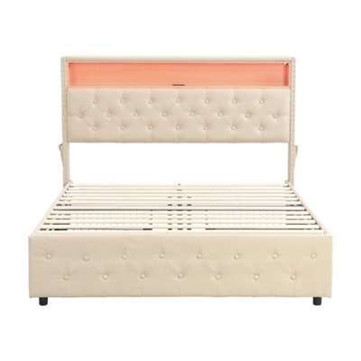 Abrihome Functional Bed, Led Light Bed, Bedside Pocket Design, With ...