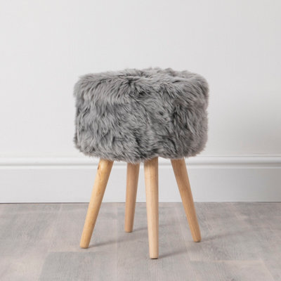 Native Natural Grey Sheepskin Wood Stool - Light Wood by B&Q | ufurnish.com