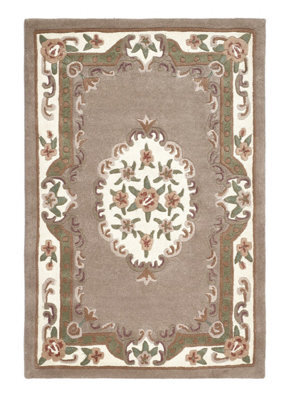 Beige Traditional Wool Rug, 25mm Thick Floral Handmade Rug, Beige Rug ...