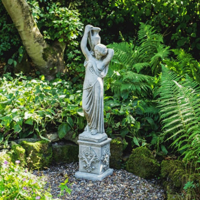 Classic Stone Cast Girl Statue With An Urn And Decorative Square Plinth ...