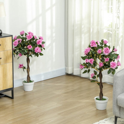 Outsunny Set Of 2 90Cm Artificial Rose Tree, Fake Decorative Plant ...