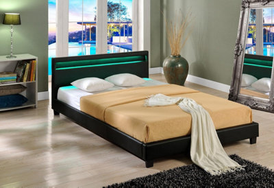 Harmin Cool Led Faux Leather Led Upholstered Bed Frame Black Double by ...