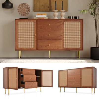 Btm Walnut Rattan Sideboard Cabinet With 2 Doors, 3 Drawers, Adjustable ...