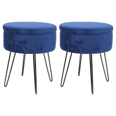 Harbour Housewares 2X Blue Velvet Storage Footstools - Round Ottomans ...