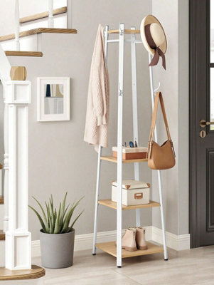 LEDREM Coat Stand, Coat Rack With 8 Double Coat Hooks, 4 Shelves ...