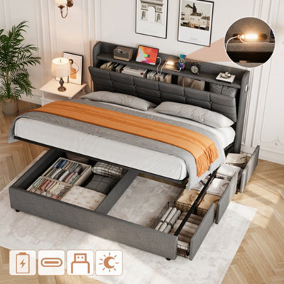 Btm 5Ft King Upholstered Bed Frame With Hydraulic Storage Hidden ...
