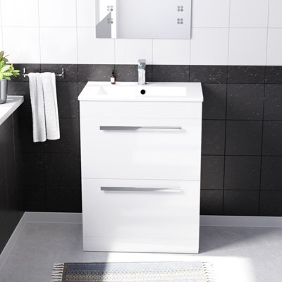 Nes Home White 600mm Floorstanding 2 Drawer Vanity Slim Basin Unit by B ...