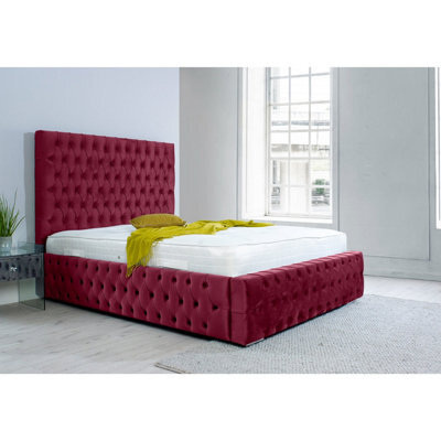 Orella Plush Bed Frame With Chesterfield Headboard - Maroon by B&Q ...