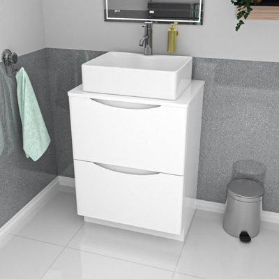 Nes Home 600mm White Freestanding Vanity Unit, Worktop With Square Bowl ...