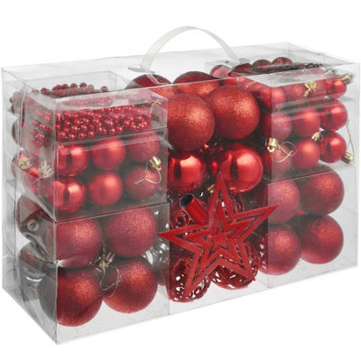 Tectake Christmas Decorations - 84 Red Baubles, String Of Beads, Star ...