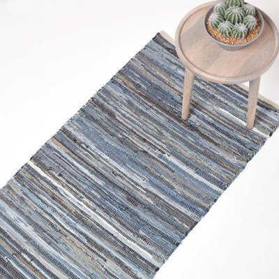 Homescapes Blue Denim Handwoven Striped Chindi Rug, 66 X 200 Cm by B&Q ...