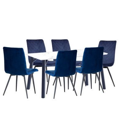 Buttercup Farm 1.8M Marble White Dining Table And 6 Blue Velvet Chairs ...