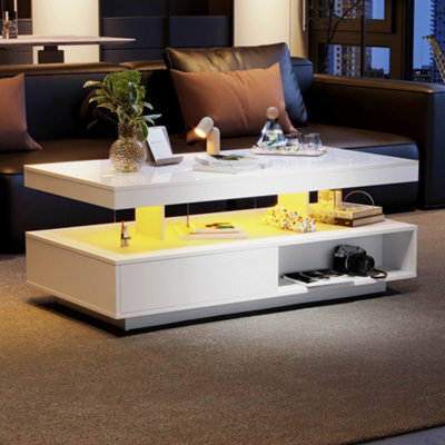 Btm Led Coffee Table With 2 Drawers 16 Color Lights, High Gloss Center Table With Open Storage ...