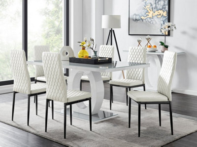 Furniturebox Giovani Rectangular 6 Seat White High Gloss Unique Halo Dining Table Grey Glass Top ...