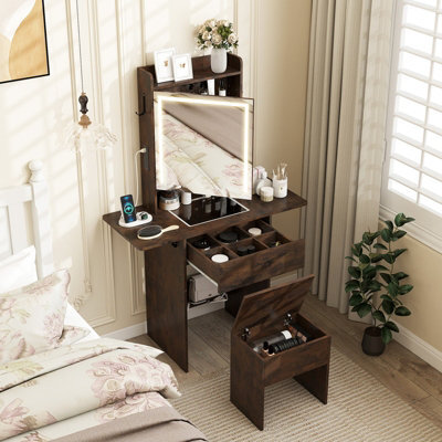 Costway Narrow Vanity Table With Lights Compact Makeup Dressing Table ...
