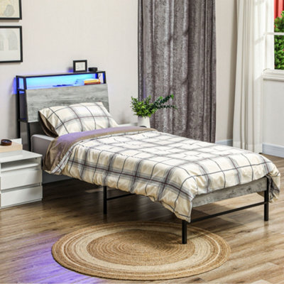 Homcom Led Single Bed Frame With Charging Station, 90 X 190Cm, Cement ...