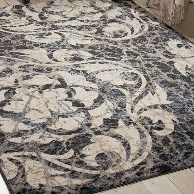 Charcoal Modern Floral Mosaics Easy To Clean Rug For Bedroom & Living ...