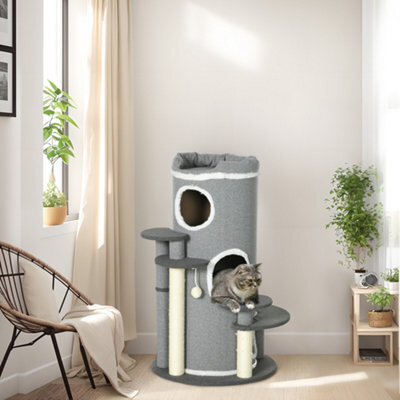 Pawhut 3 Tier Barrel Cat Tree With Sisal Scratching Post Cat Bed, Grey ...