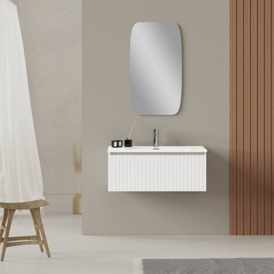 Banyetti Linea Matt White Ribbed Wall Hung Vanity Unit 800mm X 460mm by ...