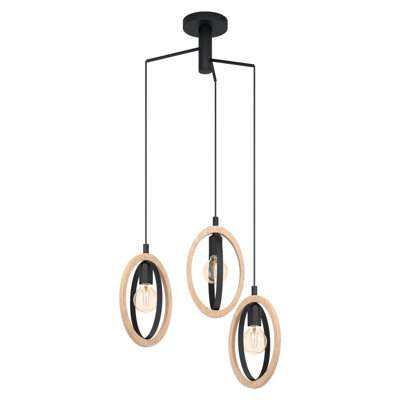 Stylish Hanging Ceiling Pendant Light With Black And Wood Hoop Shade ...